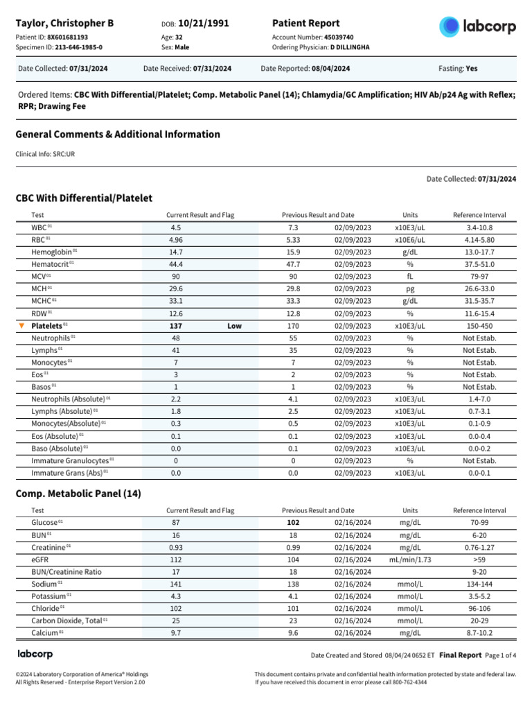 Taylor, Christopher B 10/21/1991 Patient Report: RPR Drawing Fee | PDF