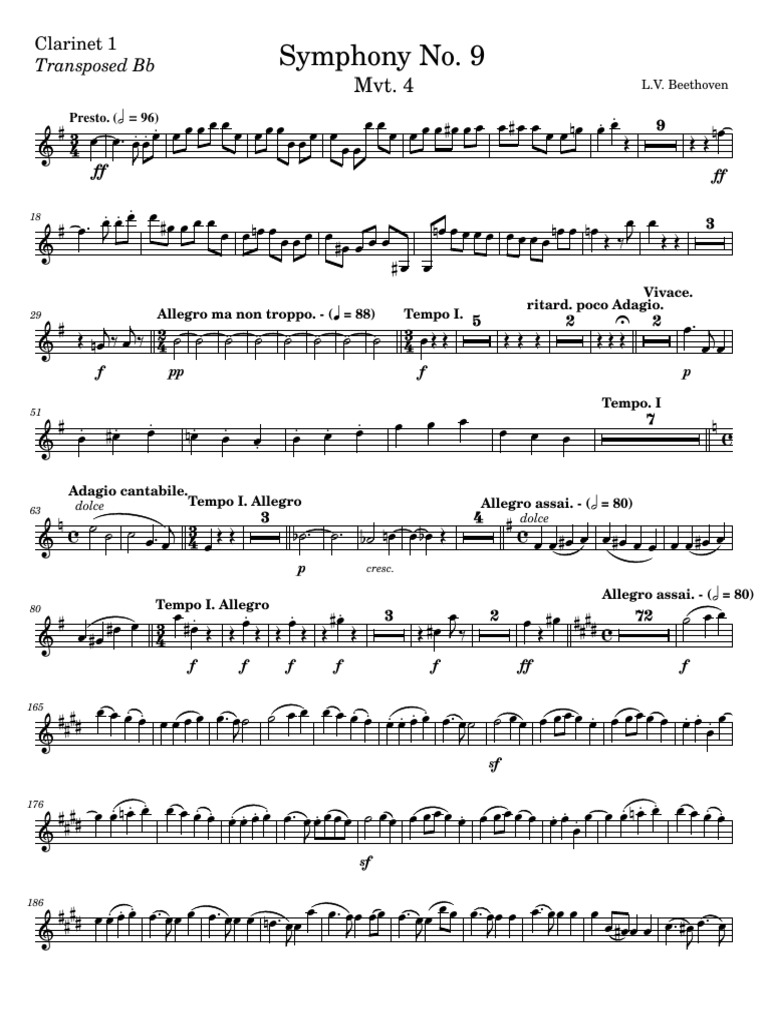 Beethoven Symphony No. 9 Op.125 Mvt. 4 BB Clarinet 1 | PDF