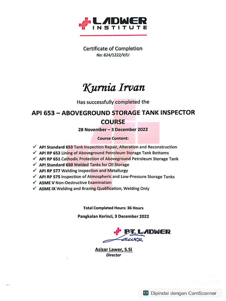 API 653 Course Certificate | PDF