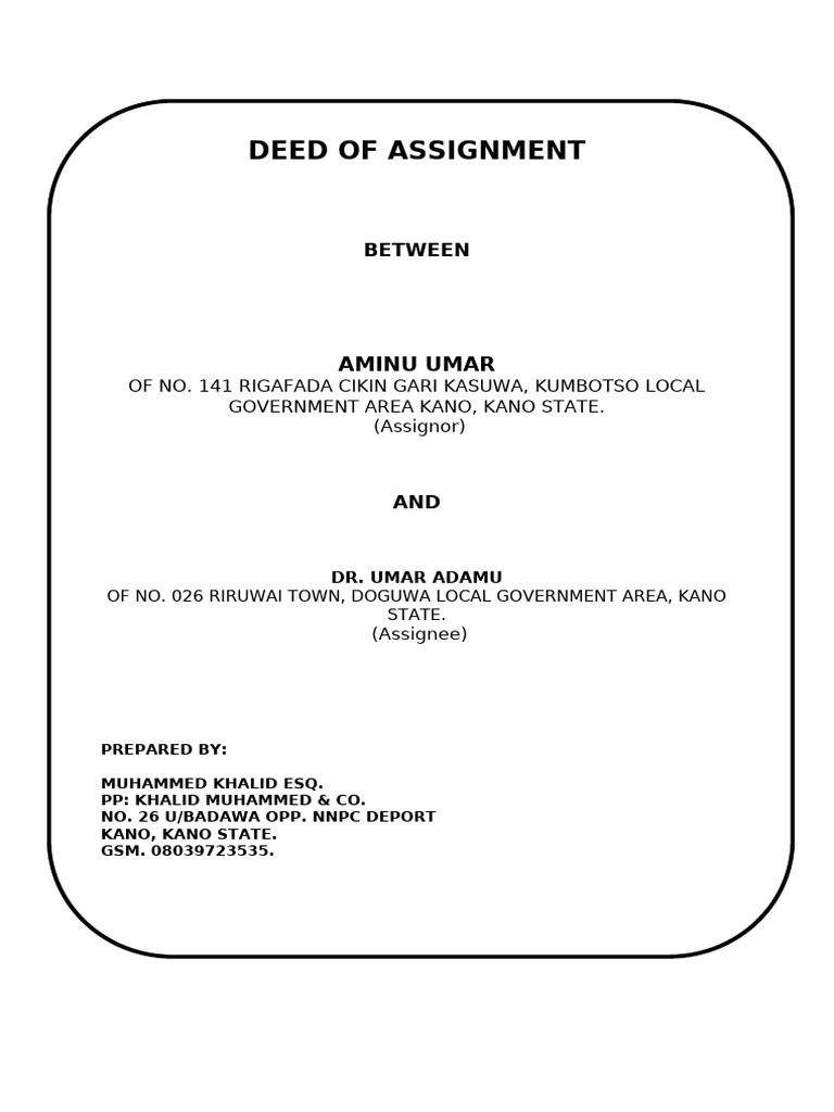 Deed of Assignment for Property Transfer | PDF | Assignment (Law) | Politics