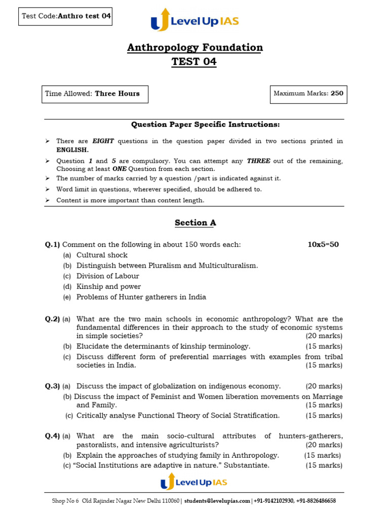 Anthropology Foundations Test 4 QP | PDF | Anthropology | Social Science