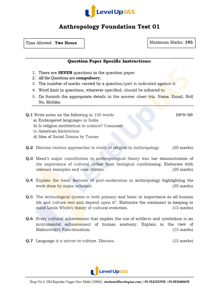 Anthropology Foundations Test 1 QP | PDF