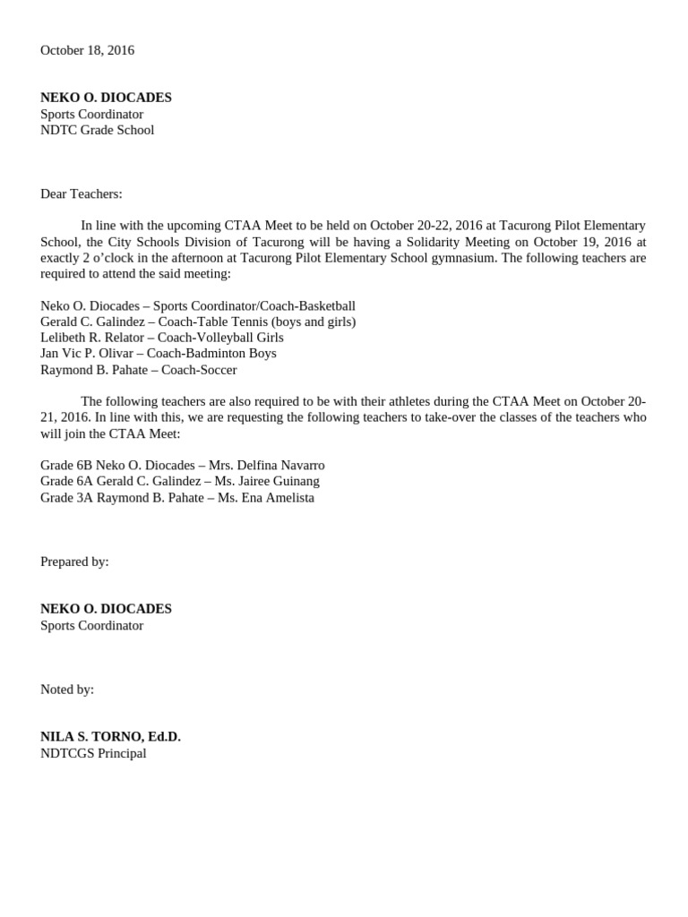 Excuse Letter For Coaches CTAA Meet | PDF