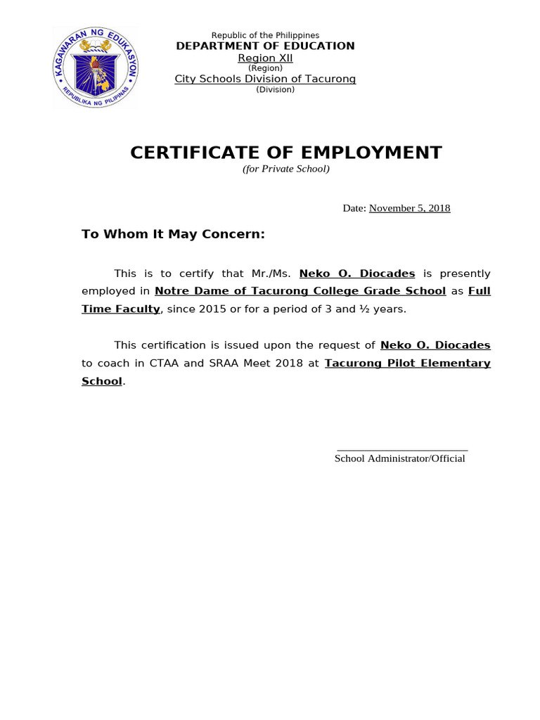 Coaches-EMPLOYMENT Certificate | PDF