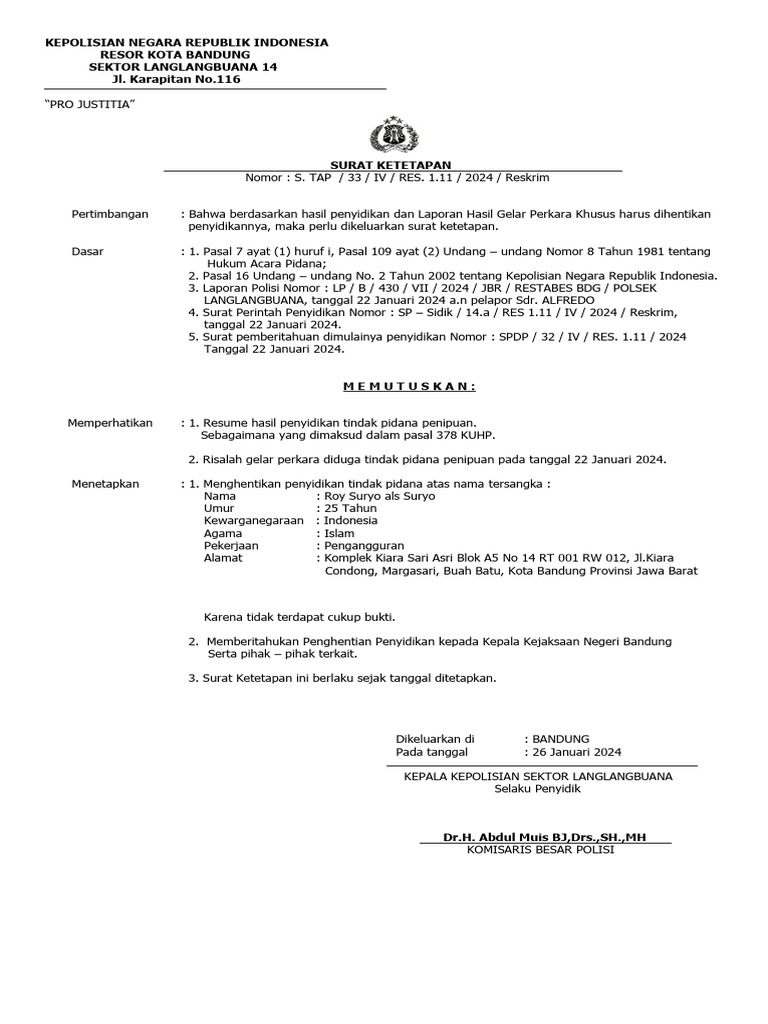 SURAT KETETAPAN PENGHENTIAN PENYIDIKAN 0024 Rivai | PDF