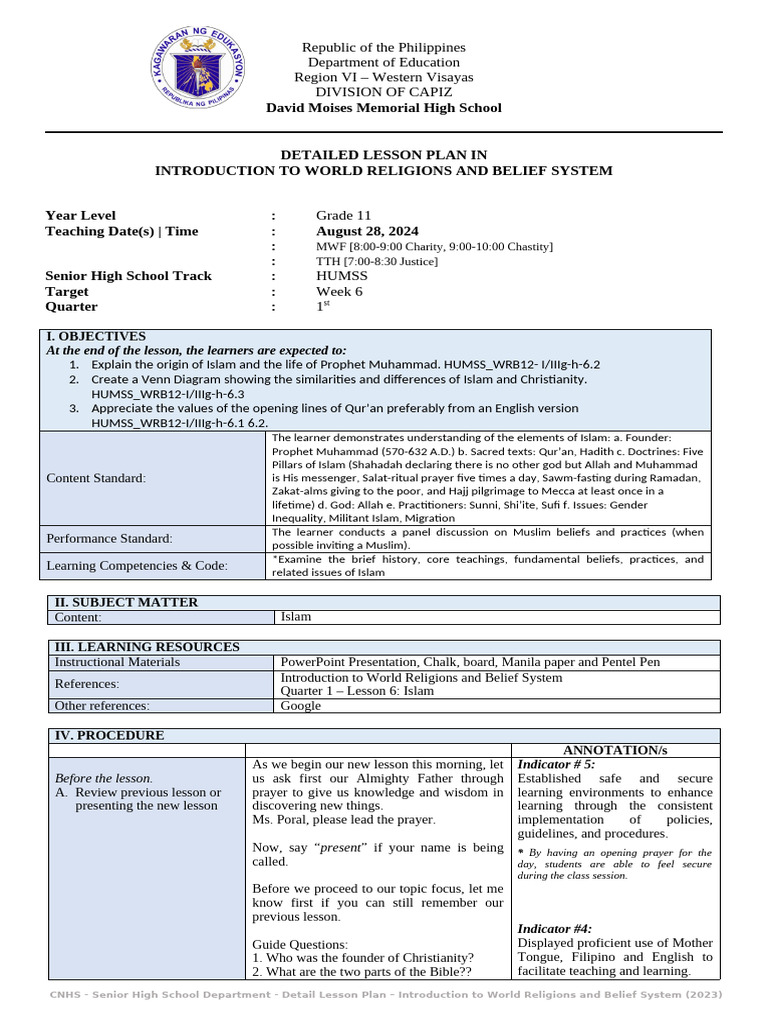 Grade 11 Lesson Plan: Islam Overview | PDF | Quran | Islam