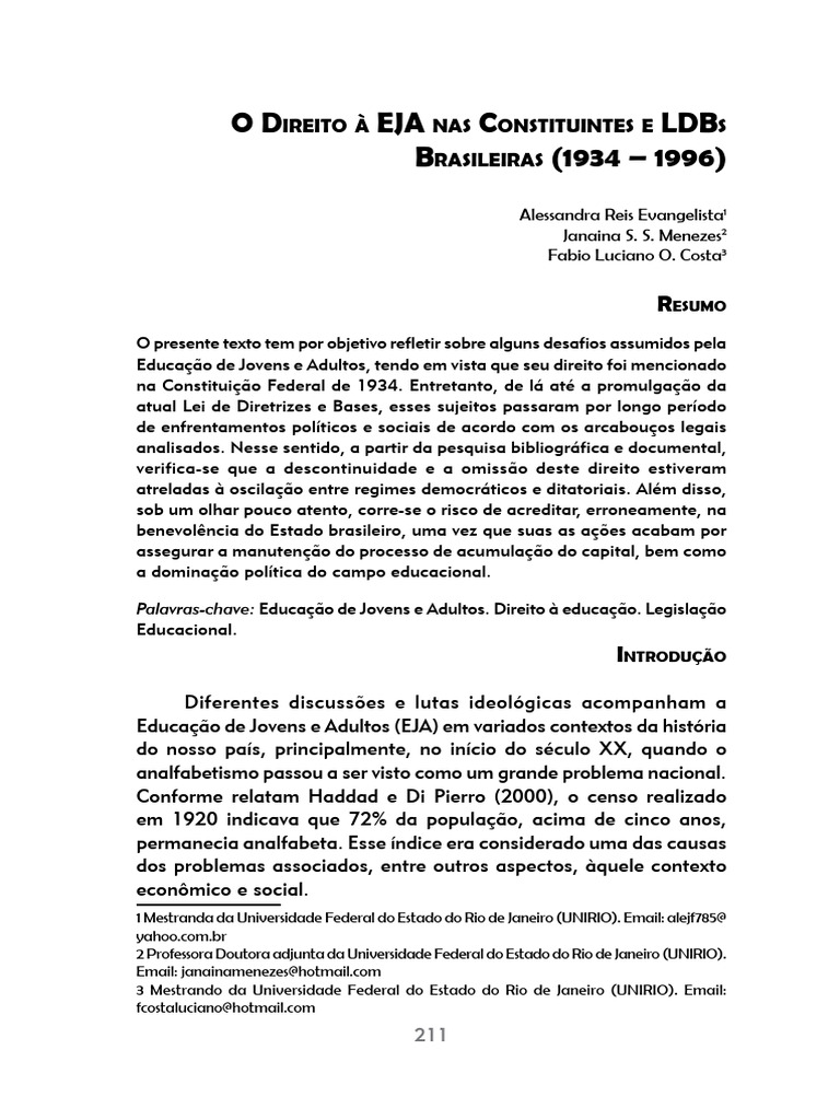 O Direiro À EJA Nas Constituintes e LDBs Brasileiras (1934-1996) | PDF ...
