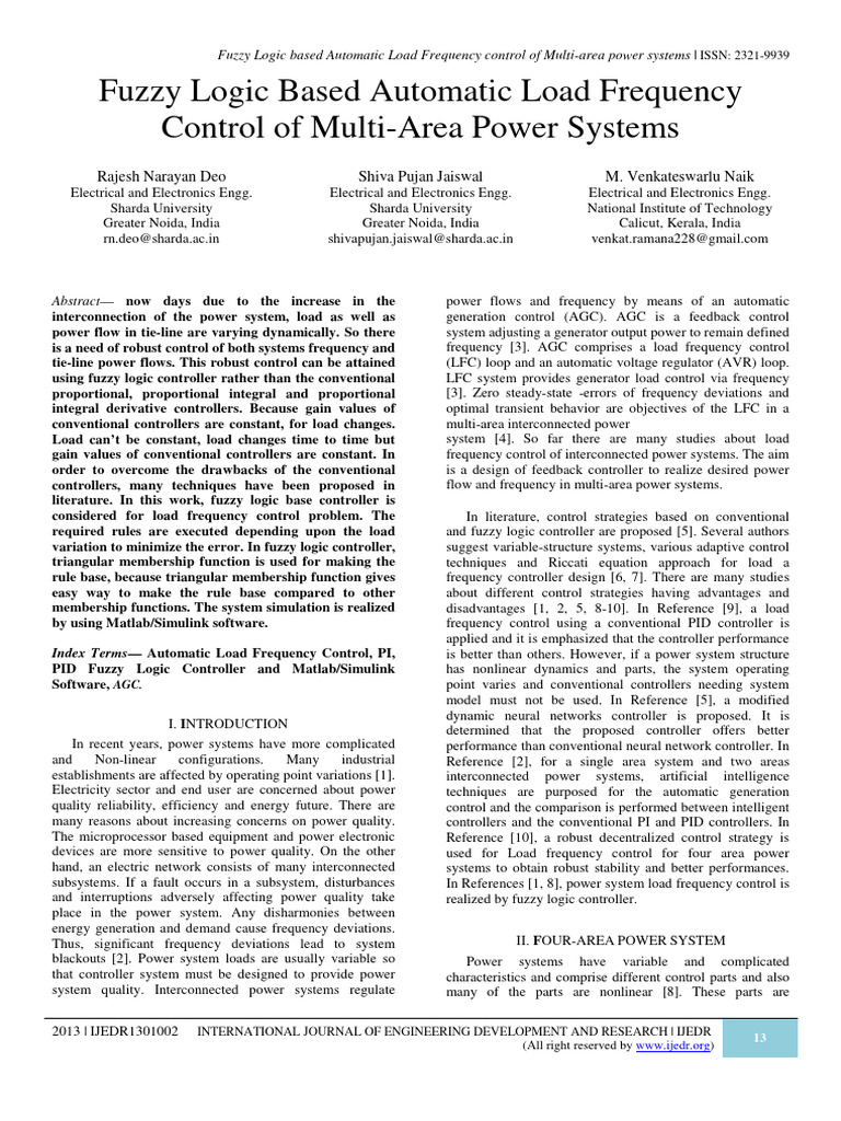 Fuzzy Logic Based Automatic Load Frequency | PDF
