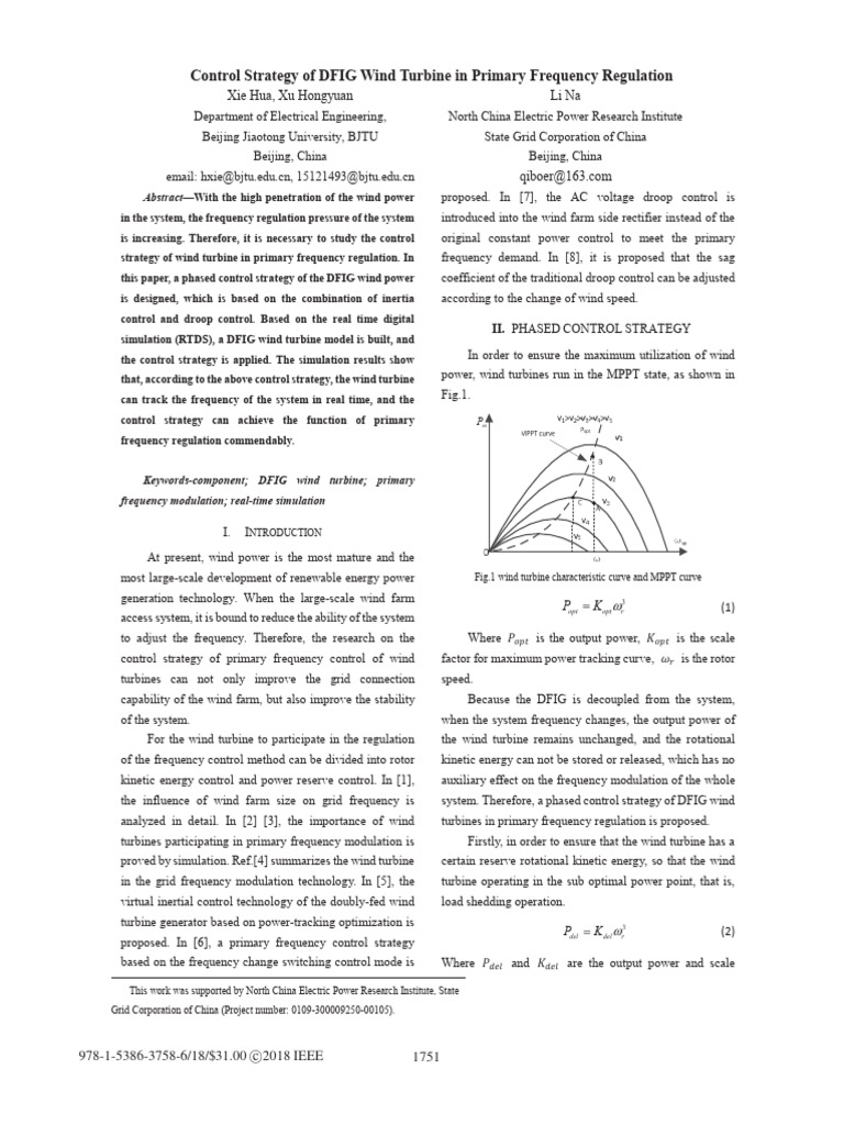 Control Strategy of DFIG Wind Turbine in Primary Frequency Regulation | PDF