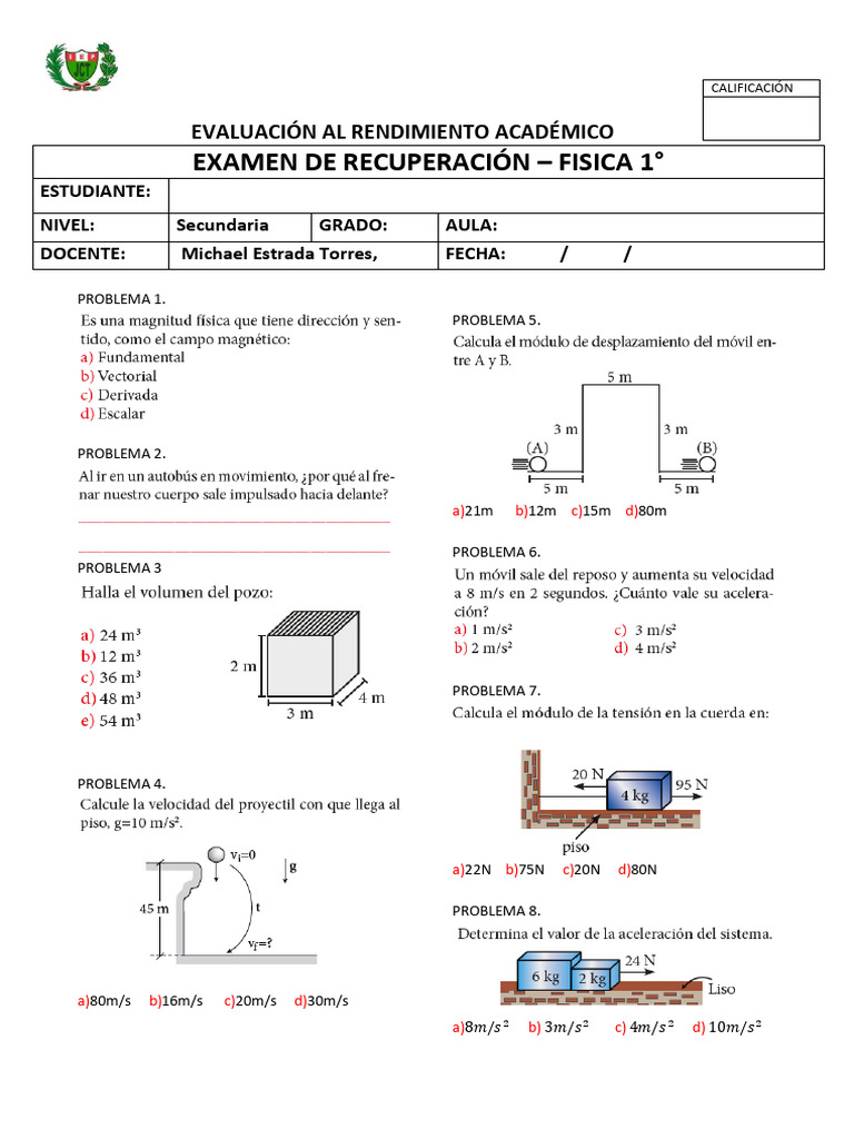 Examen de Rec. Fisica 1ro Sec | PDF