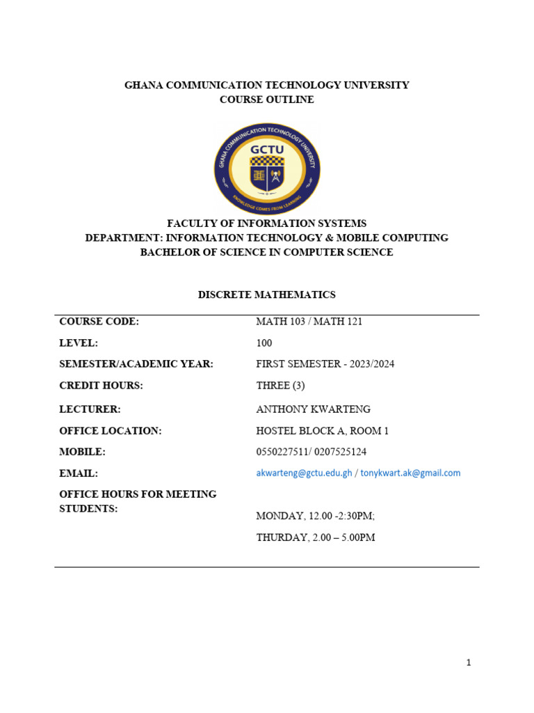 Course Outline For Discrete Mathematics - BIT - BMC - April 2021 | PDF