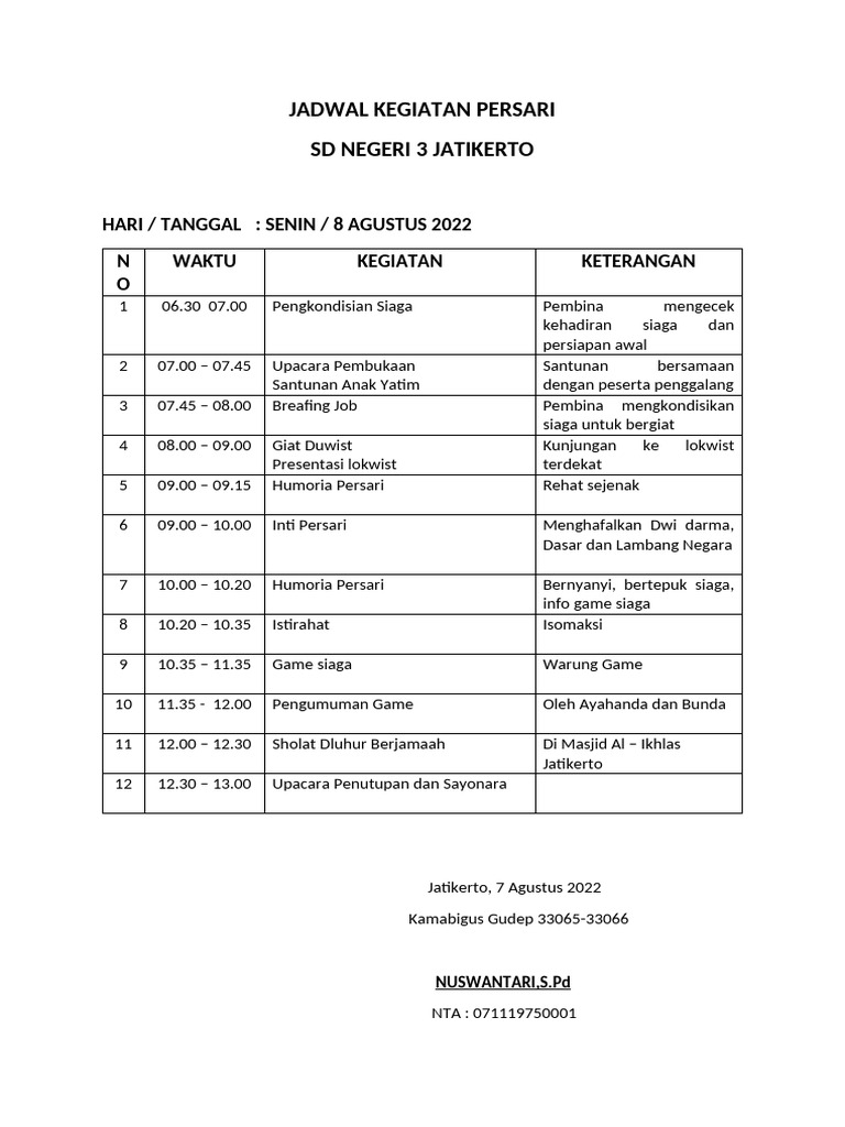 Jadwal Kegiatan Persari | PDF