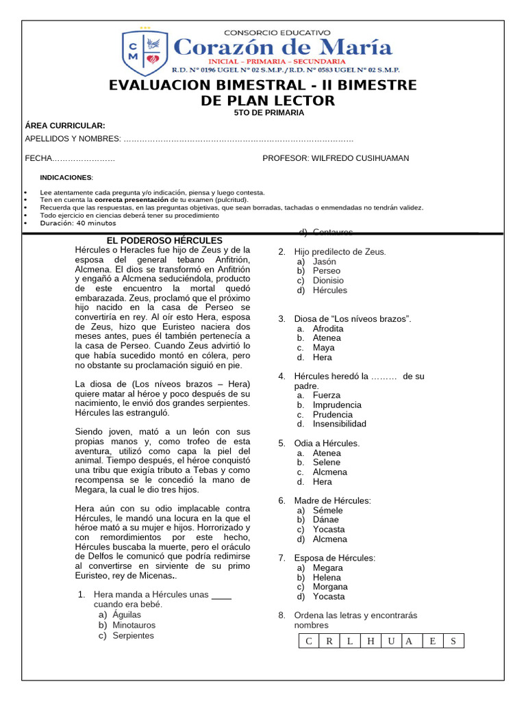 Evaluacion Bimestral Plan Lector Ii | PDF