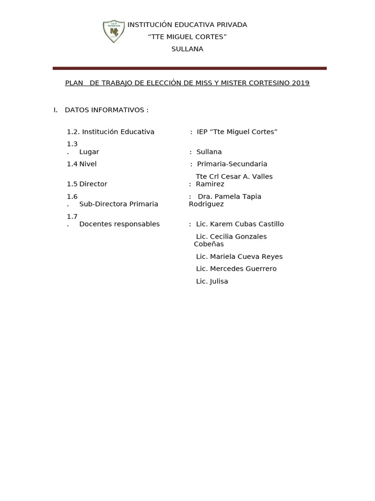 Plan de Trabajo Miss y Mister | PDF