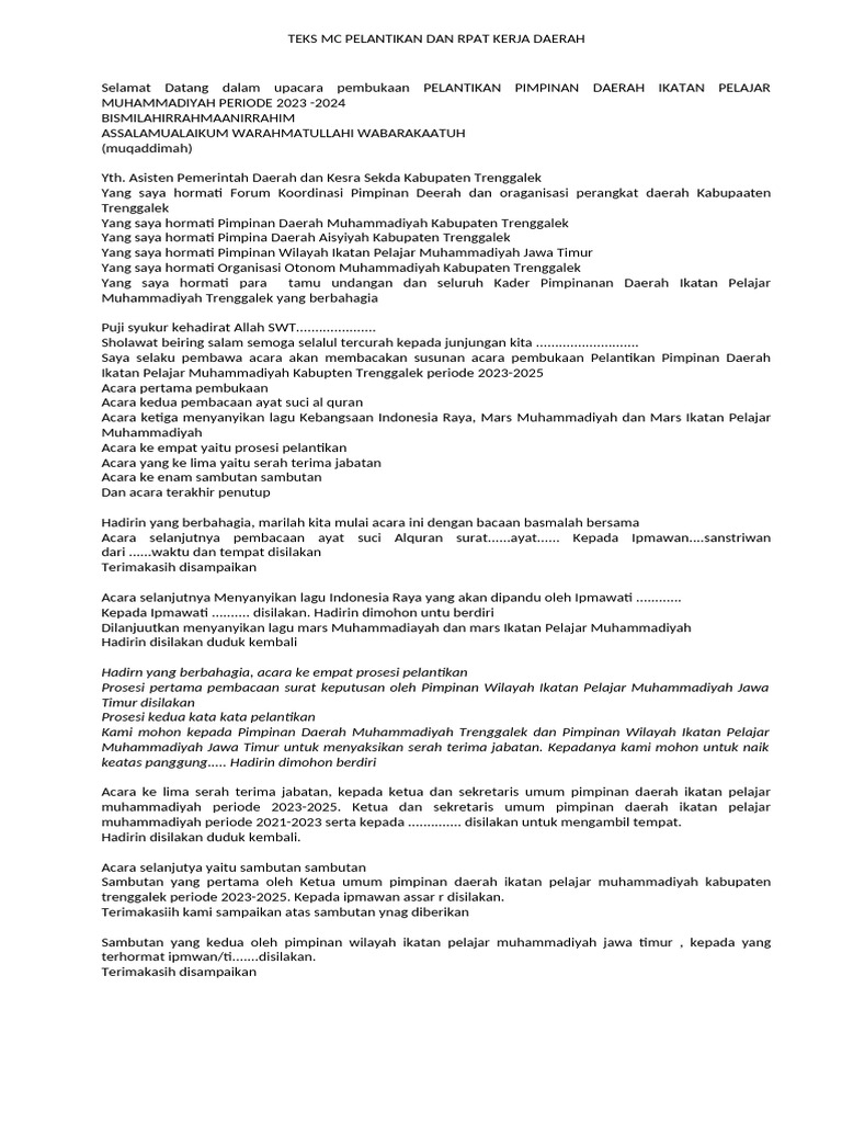Teks MC Pelantikan Dan Rapat Kerja Daerah | PDF