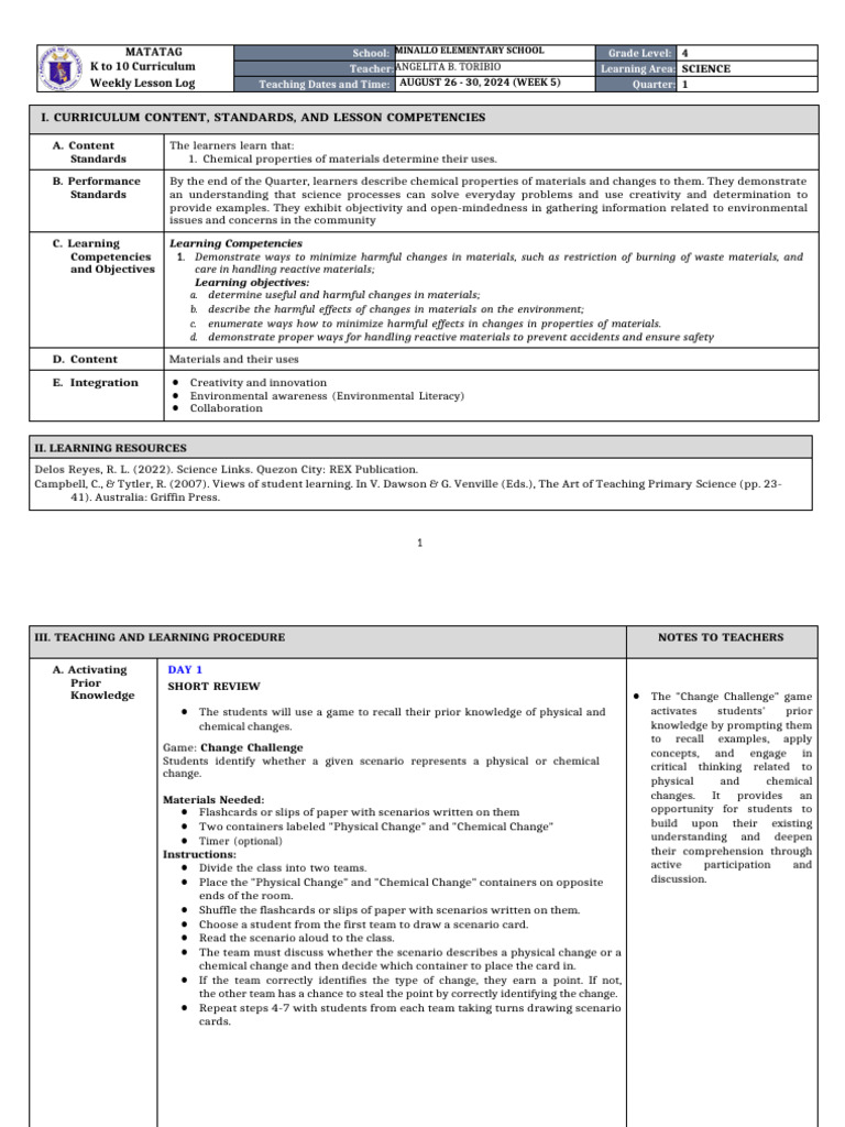 DLL Matatag - Science 4 Q1 W5 | PDF | Bleach | Recycling