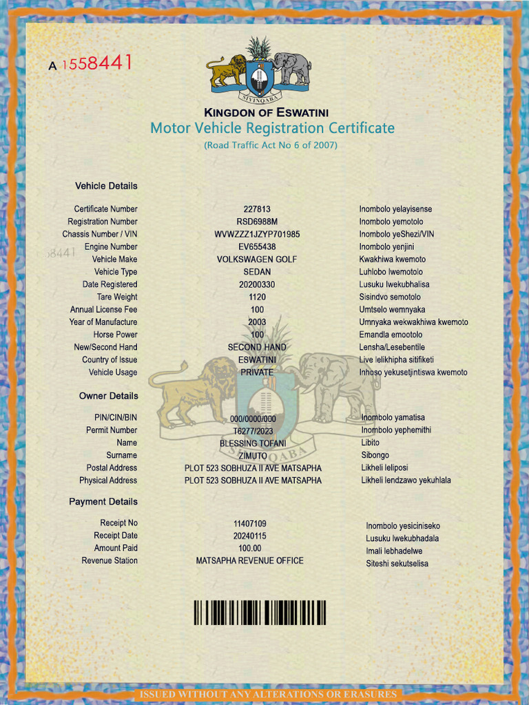 Rsd6988m Vehicle Registration Paper | PDF