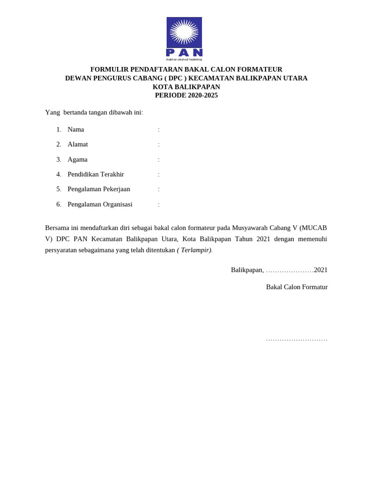 FORMULIR PENDAFTARAN FORMATUR MUSCAB Format DPW | PDF