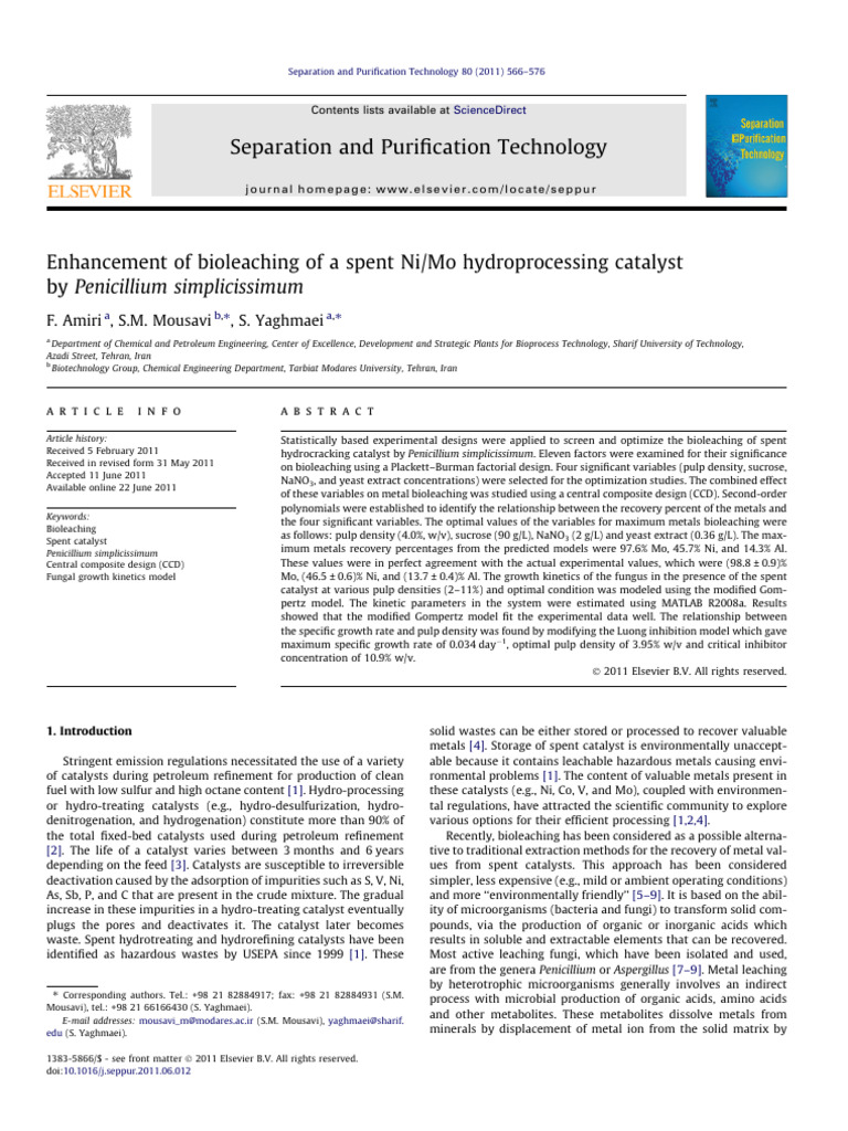 Enhancement of Bioleaching of A Spent NiMo Hydroprocessing Catalyst by Penicillium ...