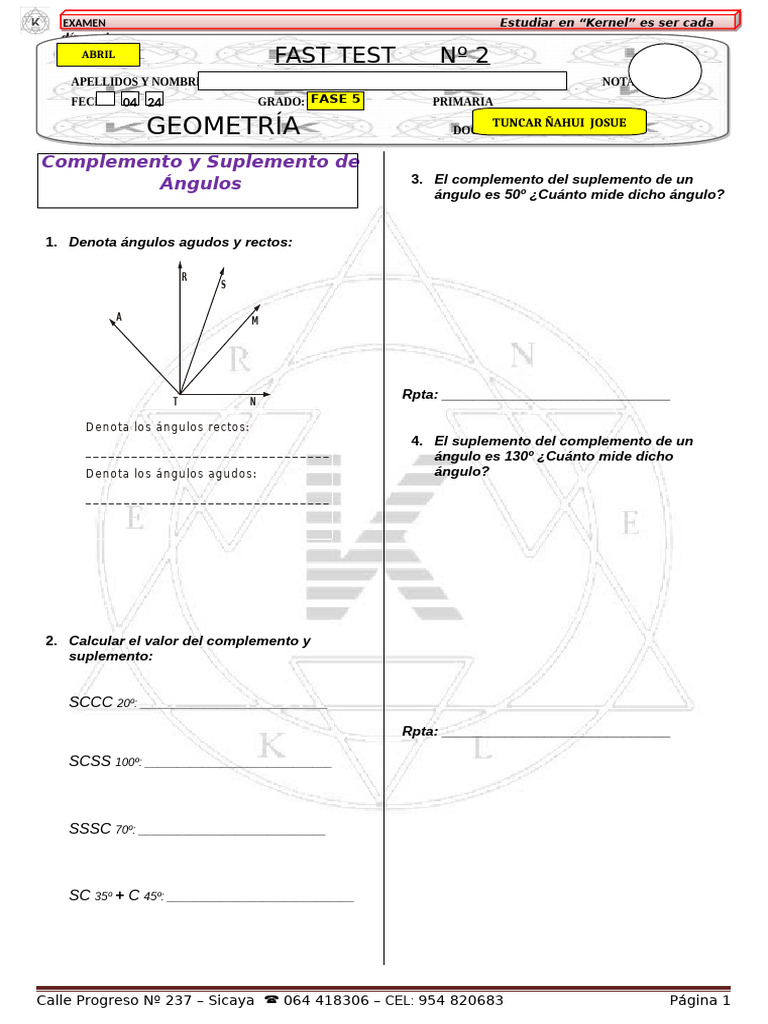 FAST TEST - FASE 5 - Ángulos Complementos y Suplementos | PDF