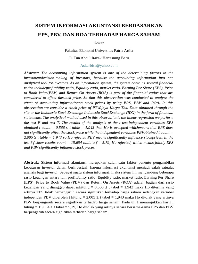 Sistem Informasi Akuntansi Berdasarkan Eps, PBV, Dan Roa Terhadap Harga Saham | PDF