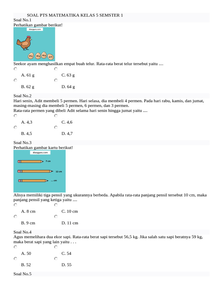 Soal PTS Matematika Kelas 5 Semster 1 | PDF