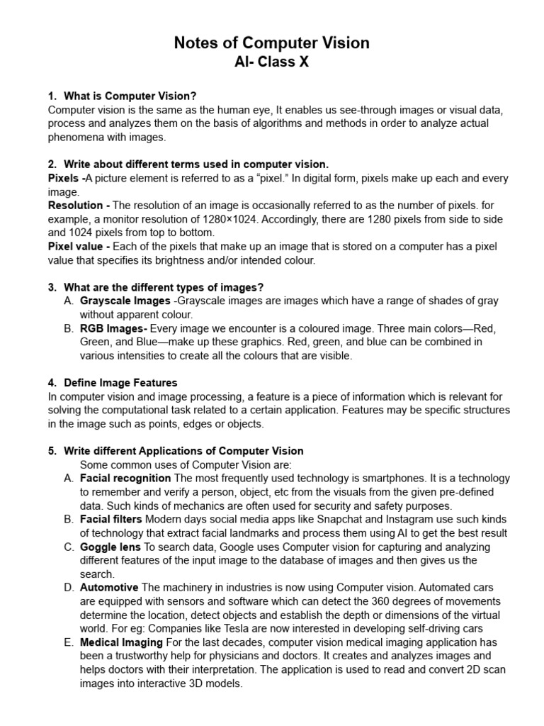 Notes of Computer Vision Class X | PDF