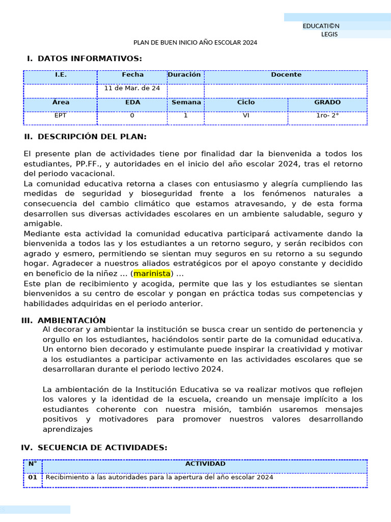 1°-2° Sesión - Plan de Buen Inicio - Ept | PDF