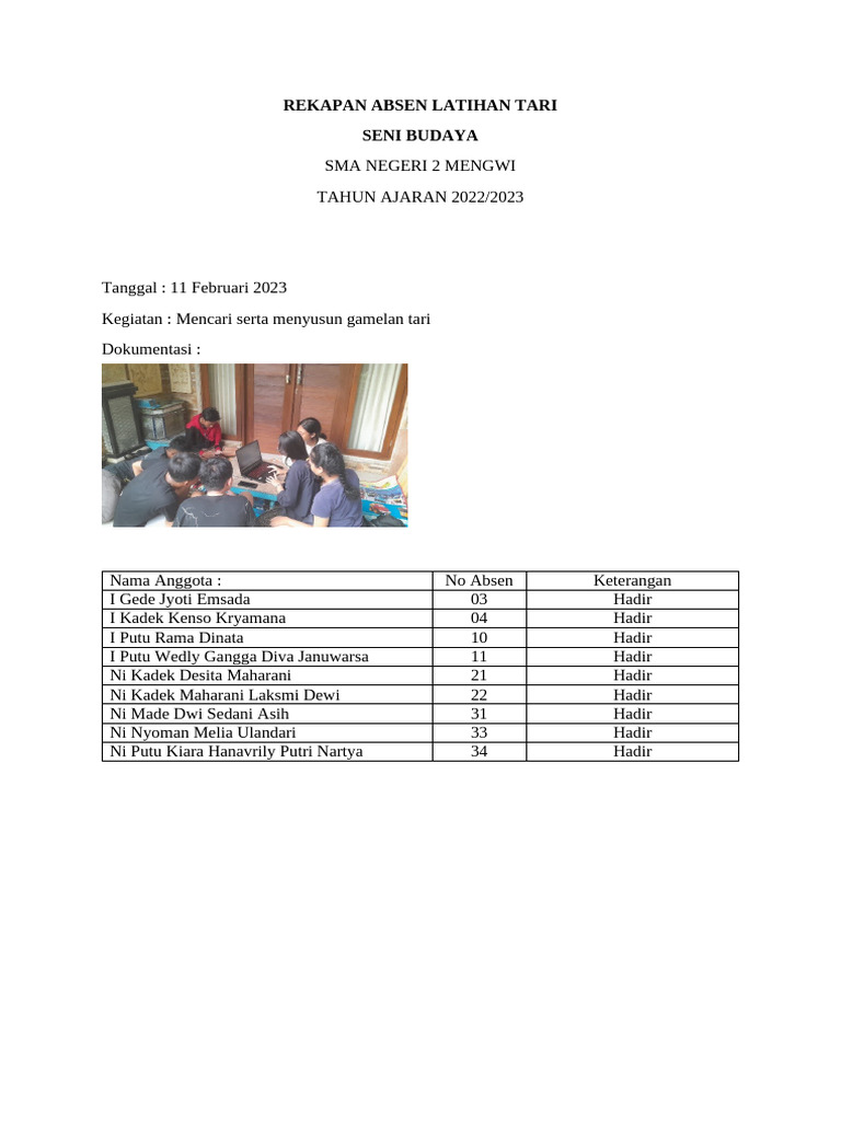 Rekapan Absen Latihan Tari | PDF