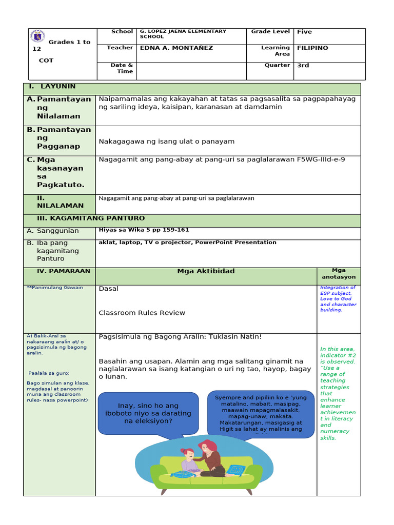 Fil 5 COT Nagagamit Ang Pang Abay at Pang Uri Sa Paglalarawan 3RD QUARTER | PDF