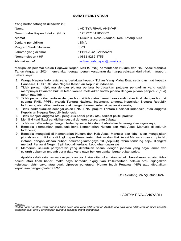 Surat - Pernyataan - ADITYA RIVAL ANSYARI | PDF