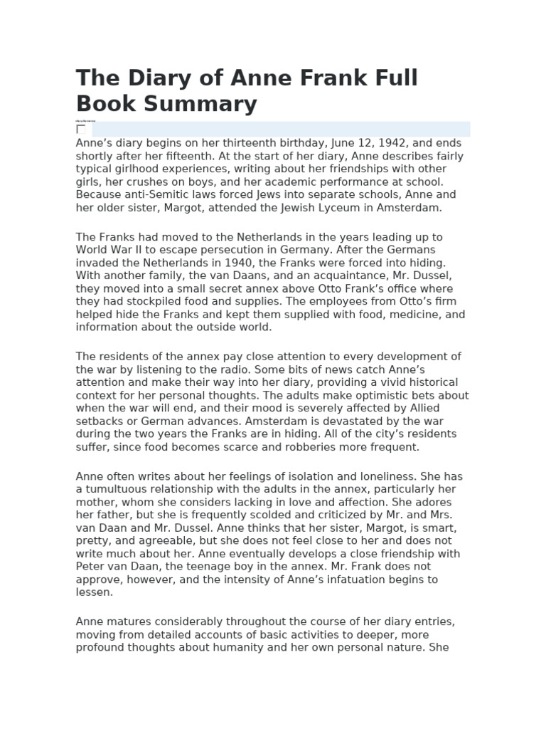 Anne Frank's Diary Summary | PDF