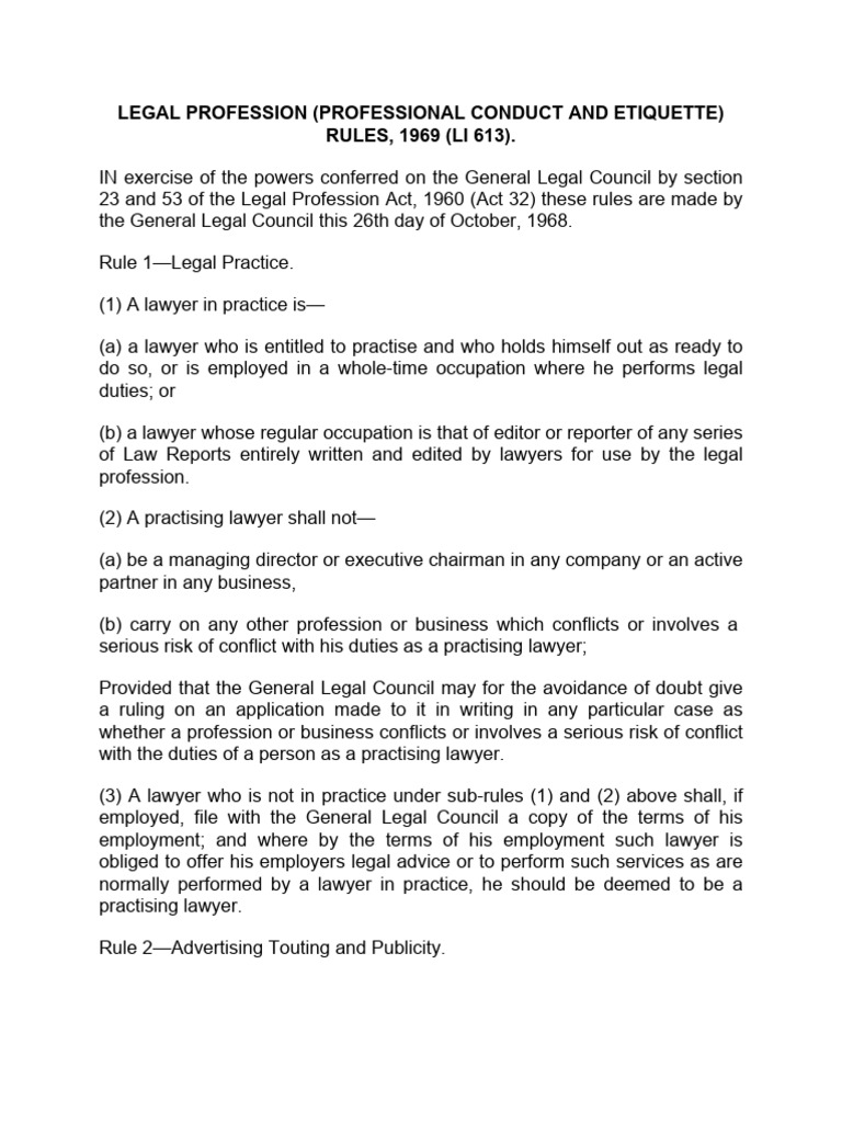 Legal Profession Professional Conduct and Etiquette Rules 1969 Li 613 ...