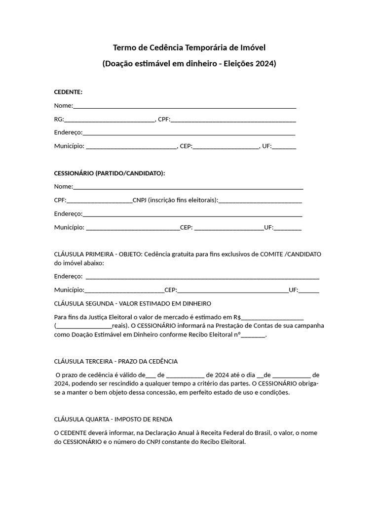 Modelo Termo De Cessão De Imóvel Eleições Pdf