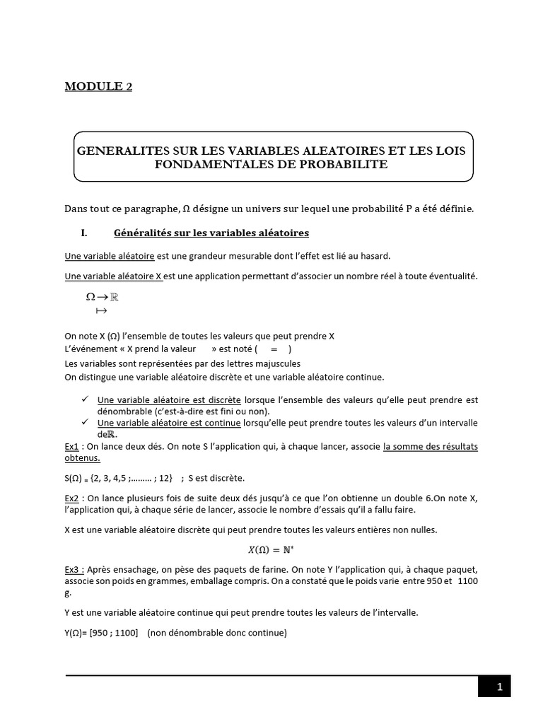 GENERALITES SUR LES VARIABLES ALEATOIRES ET LES LOIS FONDAMENTALES DE ... GENERALITES SUR LES VARIABLES ALEATOIRES ET LES LOIS FONDAMENTALES DE ...