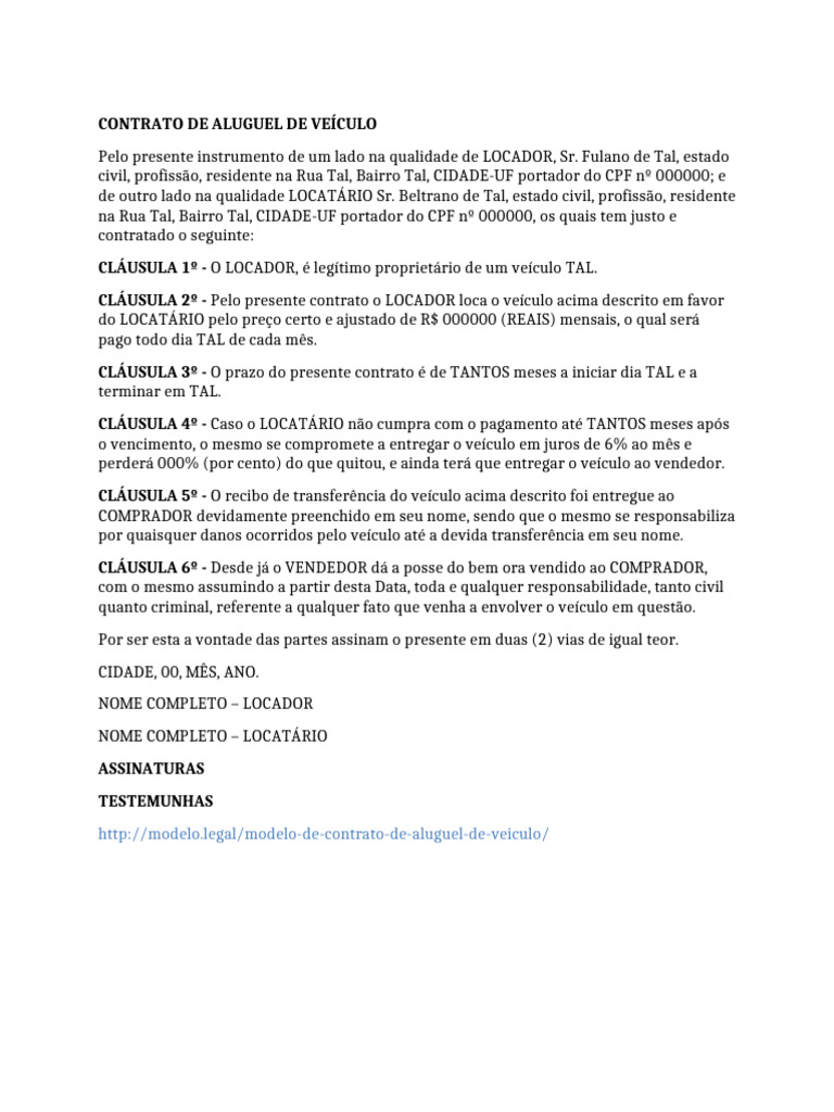 Modelo de Contrato de Aluguel de Veiculo | PDF