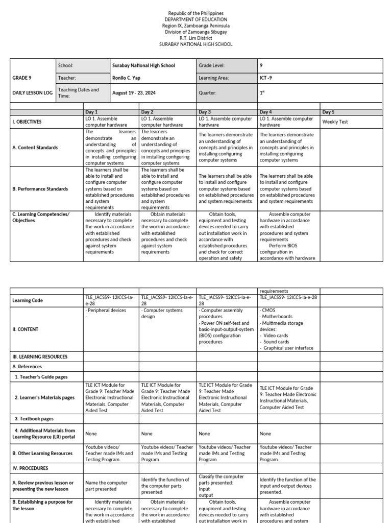 DLL G9 Week 3 - Assemble Computer - Computer Pheripherals | PDF | Educational Technology | Bios
