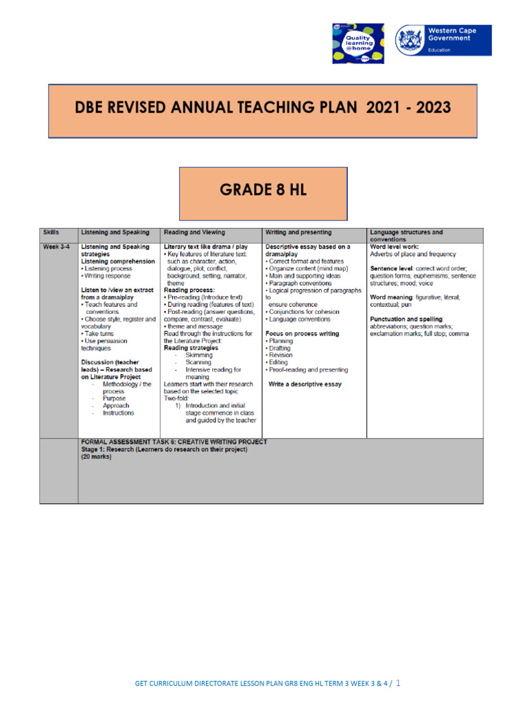 Lesson Plan Gr8 Eng HL T3 W3 & 4 | PDF