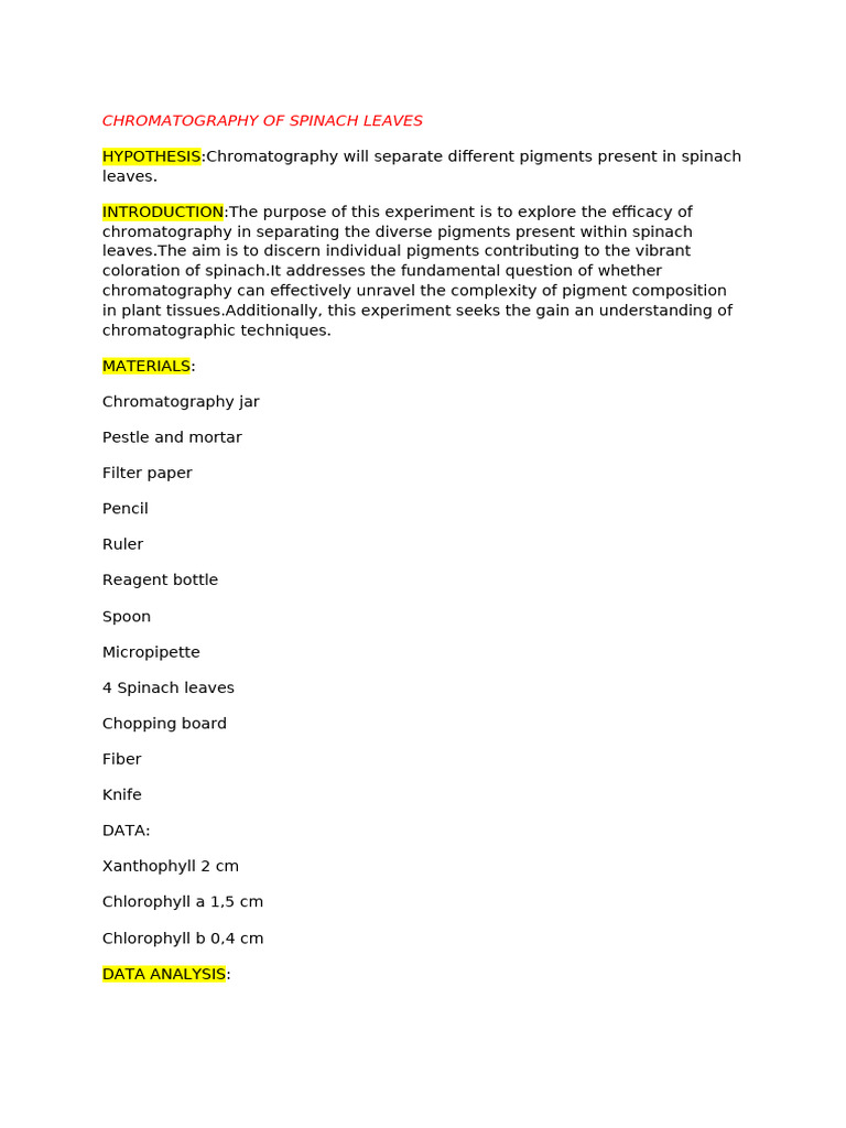Chromatography of Spinach Leaves | PDF