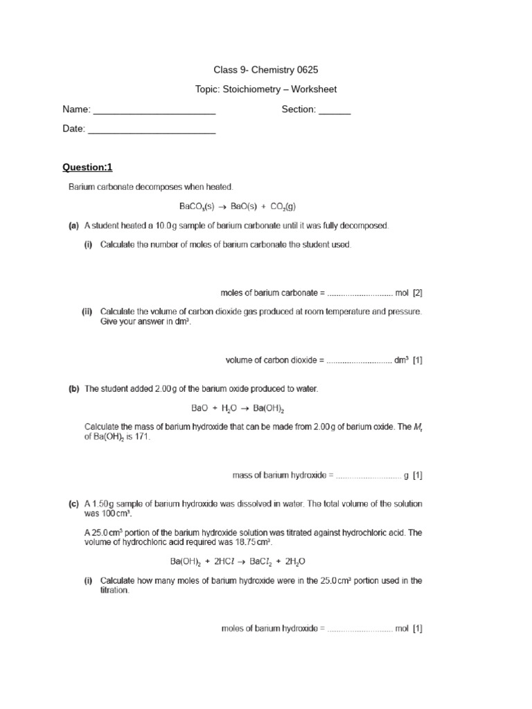 Stoichiometry Worksheet | PDF