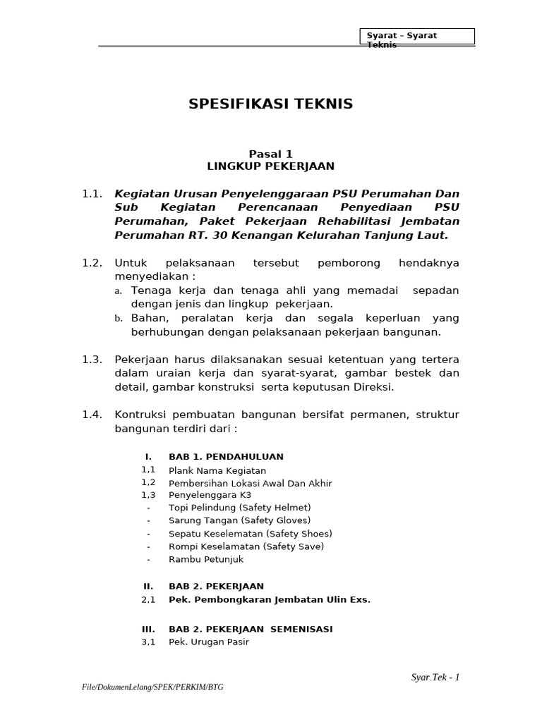 1.1 Spek Rehab Jembatan RT. 30 Tanjung Laut | PDF