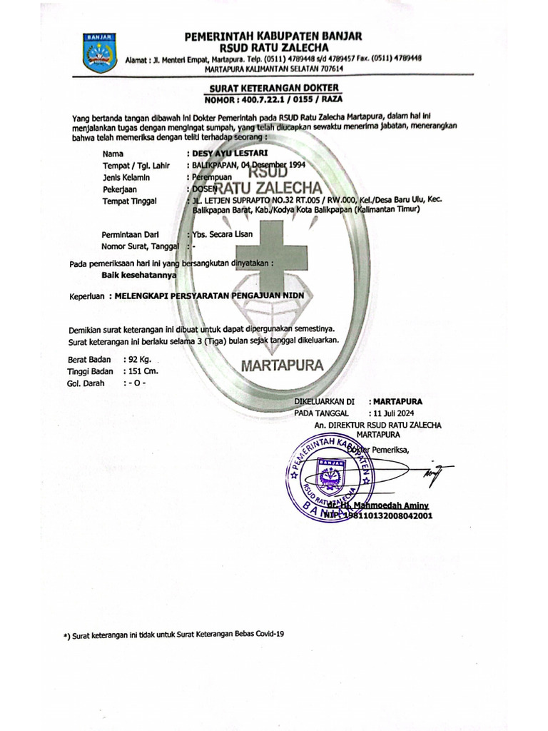 Surat Sehat Desy Ayu Lestari | PDF