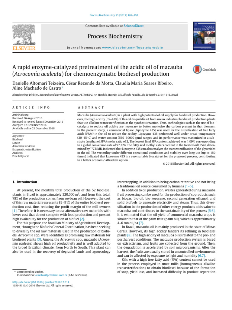 Teizeira2017 A Rapid Enzyme-Catalyzed Pretreatment of The Acidic Oil of ...