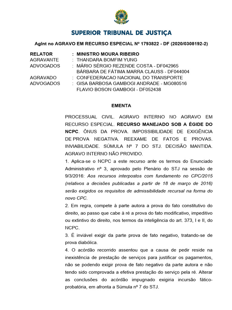 STJ - Resp 1.793.822 - Inviável Exigir Prova Negativa | PDF