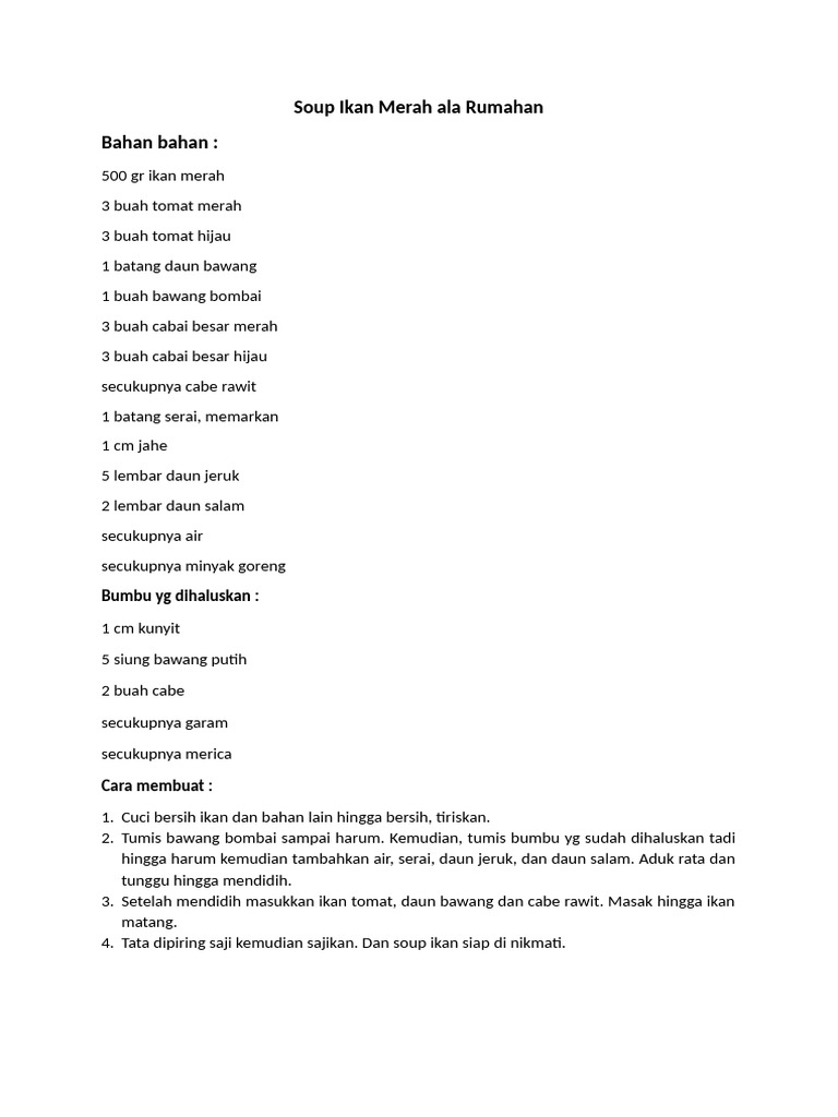 Resep Soup Ikan Merah Ala Rumahan | PDF