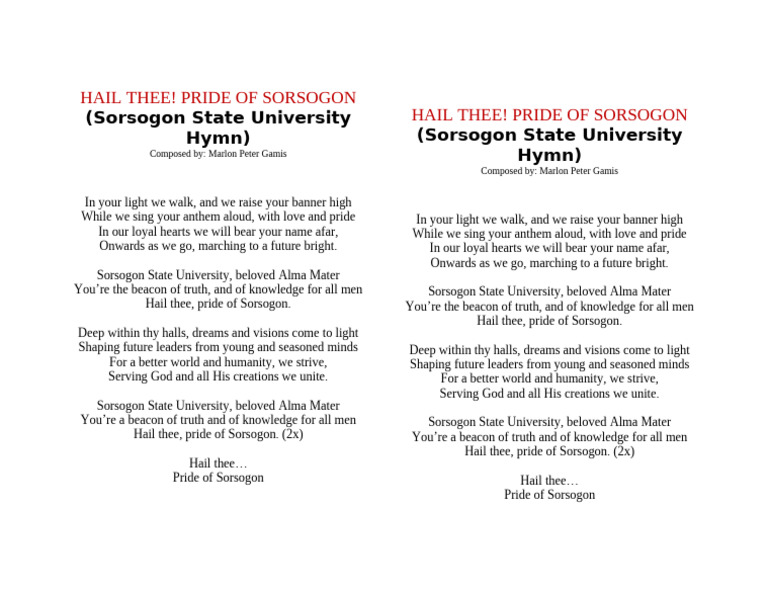 SorSU Hymn Lyrics | PDF | Language Arts & Discipline | Religion ...