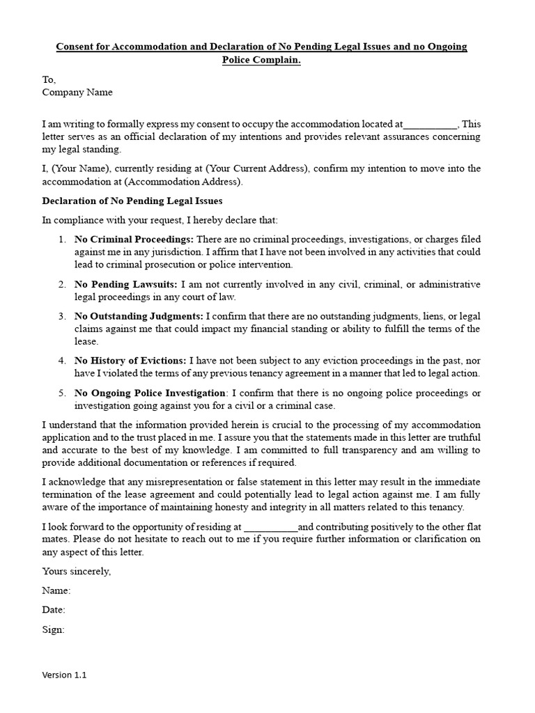 Consent For Accommodation and Declaration of No Pending Legal Issues ...