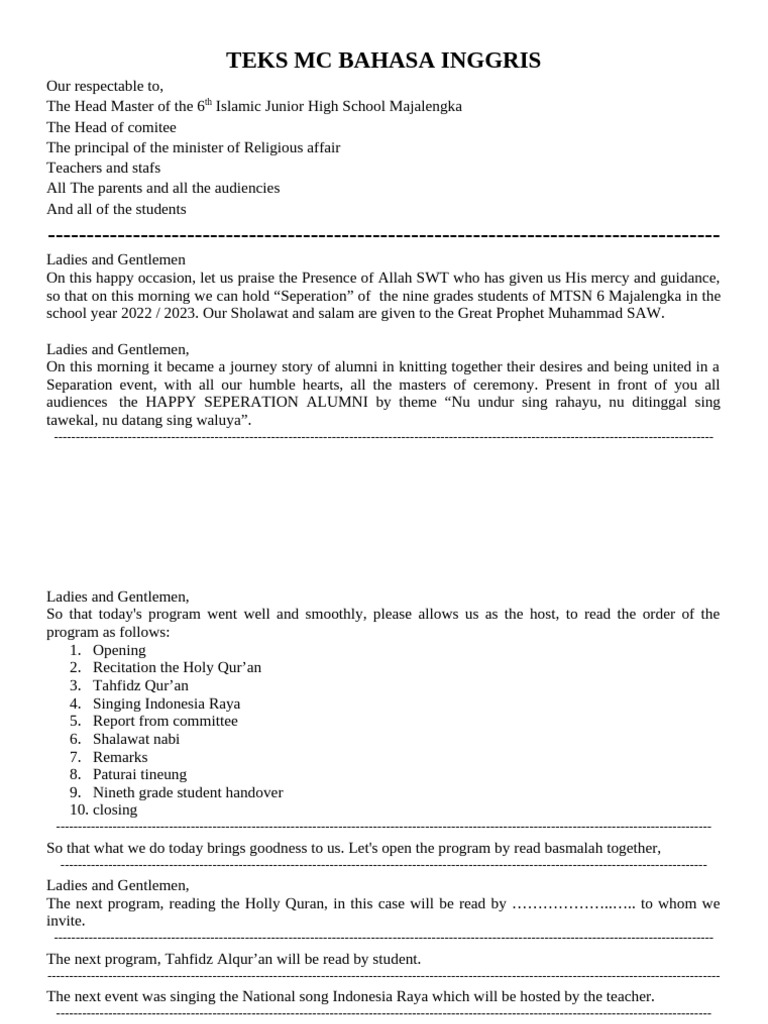 Teks MC Bahasa Inggris New | PDF