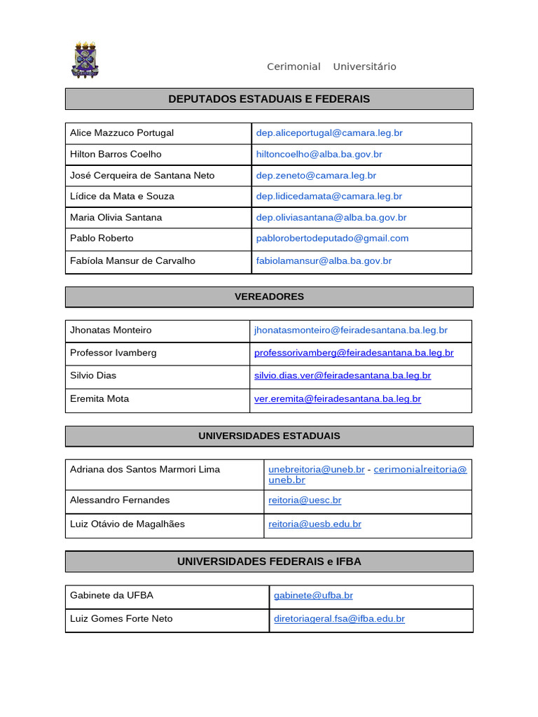 Lista E-Mails Reitoria UEFS | PDF