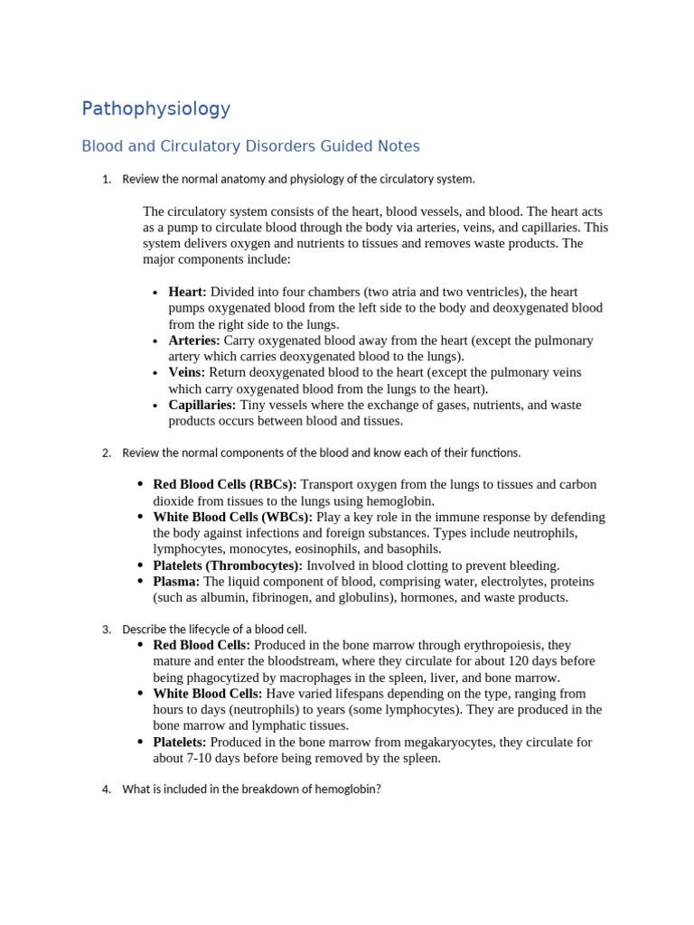 NU606 W6 Blood and Circulatory System Guided Notes Final | PDF